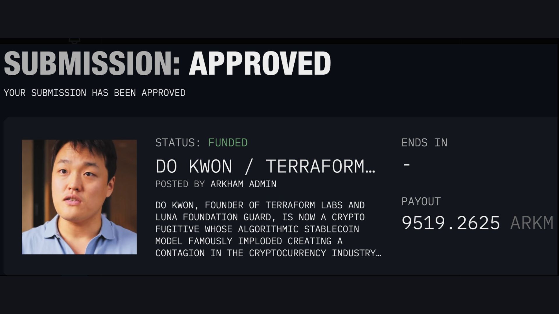 Blockchain sleuths win Arkham’s US$5,000 bounty for Terra, Do Kwon’s wallet info